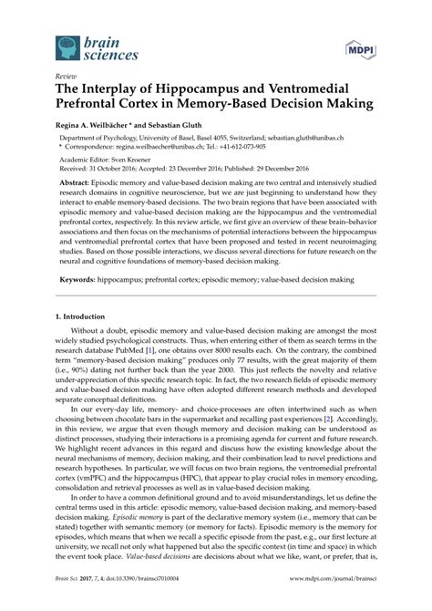 Pdf The Interplay Of Hippocampus And Ventromedial Prefrontal Cortex In Memory Based Decision