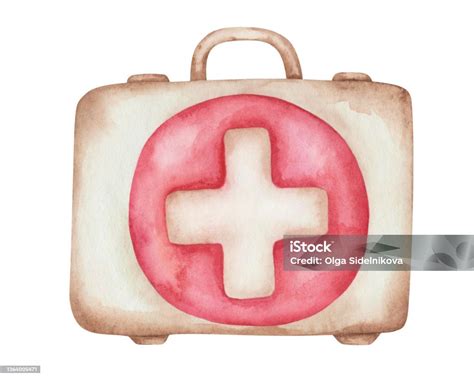 빨간색 백라운드에 흰색 십자가가있는 손으로 그린 의료 응급 처치 수하물 키트의 수채화 그림 배너 포스터에 대한 의료의 고립 된 클립 아트 요소 의학 노동자 가방 상자