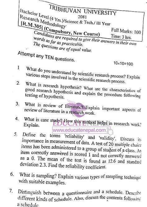 Tu 4 Yrs Bsc 3rd Year Research Methodology Exam Questions 2081