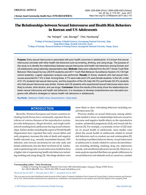 PDF The Relationships Between Sexual Intercourse And Health Risk Behaviors In Korean And US