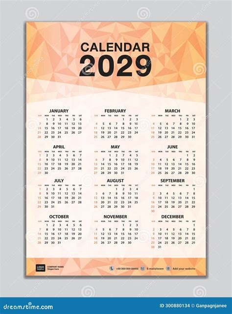 Wall Calendar 2029 Template On Orange Polygon Background Calendar 2029