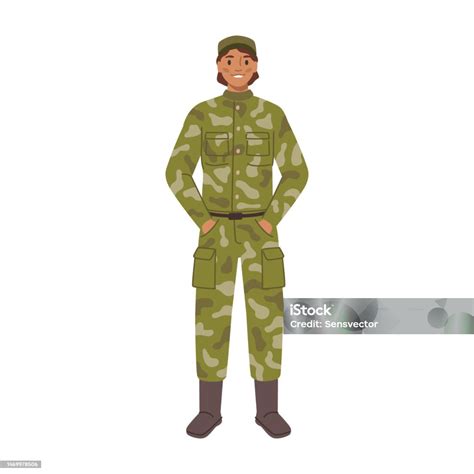 특별한 보호 복을 입은 군인 여성 군대에서 복무하는 부츠와 모자를 쓴 고립된 여성 인물 평면 만화 벡터 일러스트 레이 션 군사에