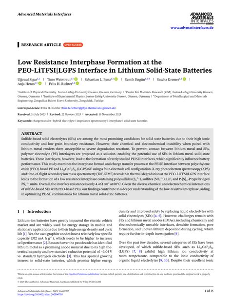 Pdf Low Resistance Interphase Formation At The Peo‐litfsilgps