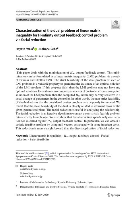 Pdf Characterization Of The Dual Problem Of Linear Matrix Inequality For H Infinity Output
