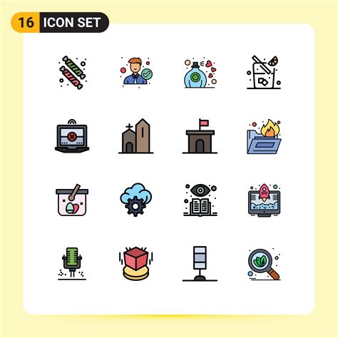 16 Universal Flat Color Filled Lines Set For Web And Mobile Applications Computing Drink Right