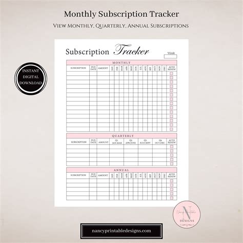 Monthly Subscription Tracker Printable Budget Tracker Spending