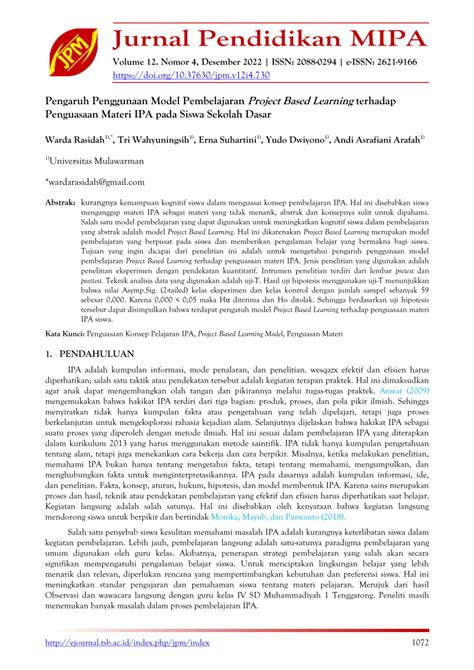 Pdf Pengaruh Penggunaan Model Pembelajaran Project Based Learning