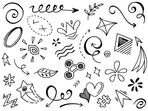손으로 그린 세트 요소 추상 화살표 리본 하트 별 크라운 및 개념 디자인에 대 한 손으로 그린 스타일의 다른 요소 낙서 그림 벡터 일러스트 레이 션 프리미엄 벡터
