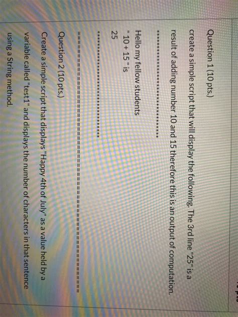 Solved Question 1 10 Pts Create A Simple Script That Will