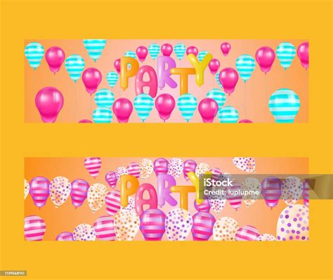 배너 벡터 일러스트 레이 션의 풍선 글꼴 집합입니다 다채로운 비행 풍선 축 하와 파티 배경 생일 기념일 베이비 샤워 파티 장식입니다 0명에 대한 스톡 벡터 아트 및 기타