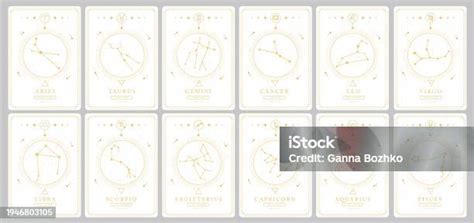 하늘에 점성술 조디악 별자리가 있는 현대 마법 마법 카드 세트 조디악 특성 조디악 아이콘 벡터 일러스트 레이 션 타로 카드에
