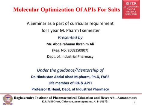 Molecular Optimization Of Apis For Salts Pptx