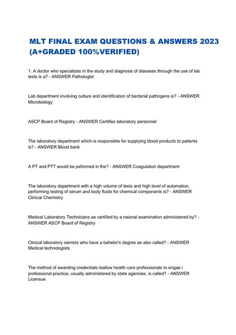 Mlt Final Exam Questions And Answers 2023 A Graded 100 Verified Mlt