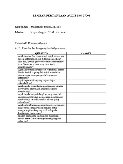 S Lembar Pertanyaan Audit Iso 27001 Pdf