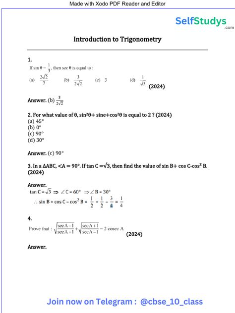 Introduction To Trigonometry 10 Class Pyq Pdf Trigonometry