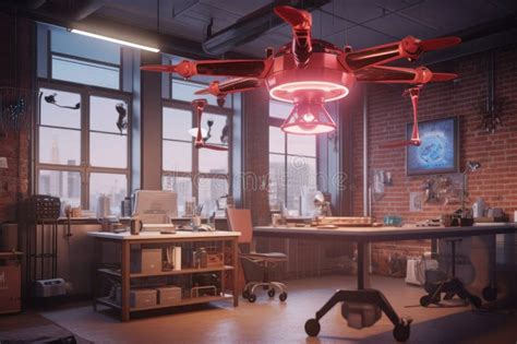 Ai Powered Drone Hovering In A Lab Workspace Stock Illustration