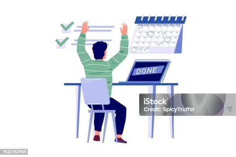 시간 관리 사무 업무와 전략을 계획하는 사람들 작업 우선 순위 및 의제 제어 서류 작업을 완료했습니다 컴퓨터에서 남자 작업자가 작업을 마쳤습니다 벡터 작업 조직 개념 개념에