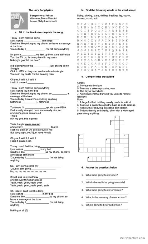 The Lazy Song Bruno Mars English ESL Worksheets Pdf Doc