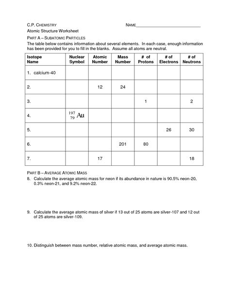 Atomic Structure Worksheet Answers Key Physical Science Printable