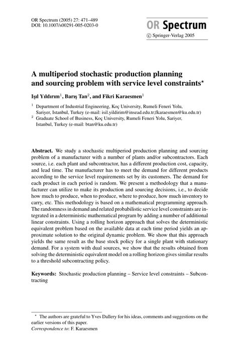 Pdf A Multiperiod Stochastic Production Planning And Sourcing Problem With Service Level