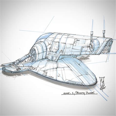 Blueprinted Slave 1 Spaceship Drawing Star Wars Slave 1 Design A