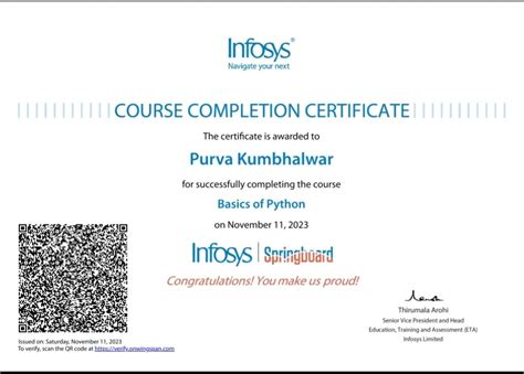 completed python course with infosys springboard purva kumbhalwar
