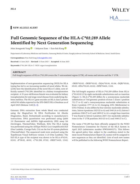 Full Genomic Sequence Of The Hla‐c01289 Allele Identified By Next