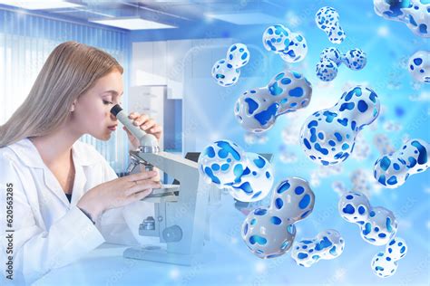 Laboratory Assistant Woman With Microscope Probiotics Cells Study Of Lactobacilli Scientist