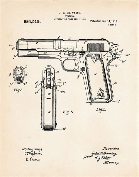 1911 Colt 45 Automatic Browning Revolver Us Patent Art Print Drawing