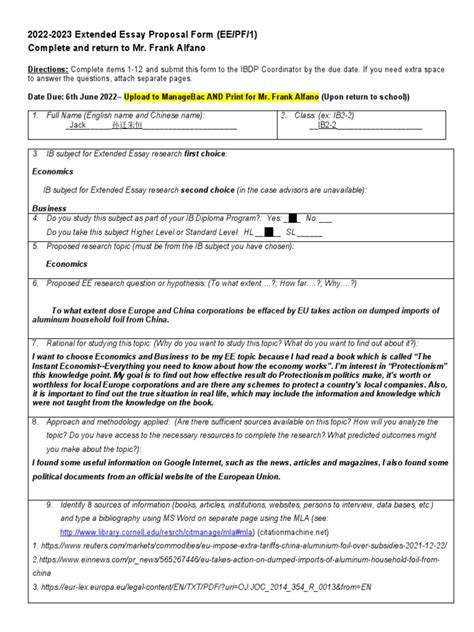 Extended Essay Proposal Form Ee Pf 1 Pdf