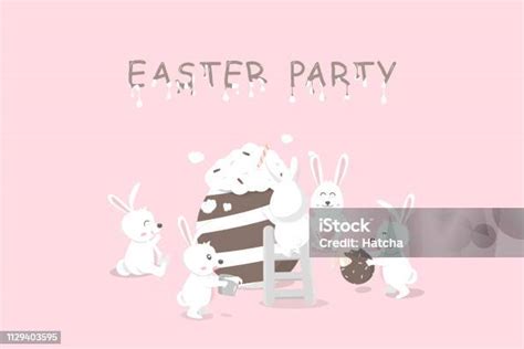 부활절 파티 액체 녹아 텍스트 인사말 카드 휴가 초콜렛 및 크림 장식 디저트 달걀 공상 귀여운 토끼 만화 초대 벡터 일러스트 레이 션과 토끼 Political Party에
