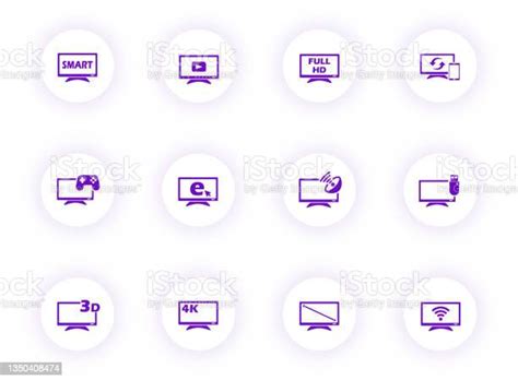 보라색 그림자와 라이트 라운드 버튼에 스마트 Tv 보라색 색상 벡터 아이콘 웹 모바일 앱 Ui 디자인 및 인쇄용 아이콘 세트 3