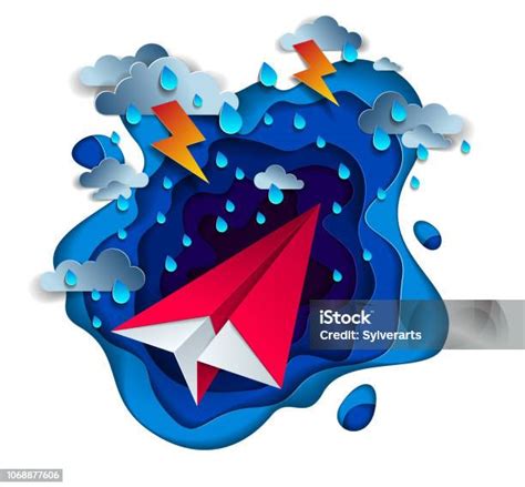 종이 접기 종이 비행기 장난감 장난감 비행기와 함께 바다 위에 천둥 번개 극적인 벡터 일러스트 레이 션의 폭풍우 치는 비오는 날씨와 비행 살아남기 위해 투쟁 3차원 형태에