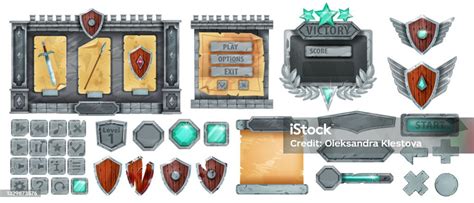 돌 게임 Ui 벡터 세트 Rpg 록 버튼 인터페이스 어워드 프레임 키트 회색 바위 사인 보드 메뉴 중세에 대한 스톡 벡터 아트