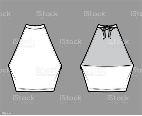 탑 크롭 하이 넥 홀터 탱크 코튼 저지 테크니컬 패션 일러스트와 활 슬림 핏 허리 길이 플랫 0명에 대한 스톡 벡터 아트 및