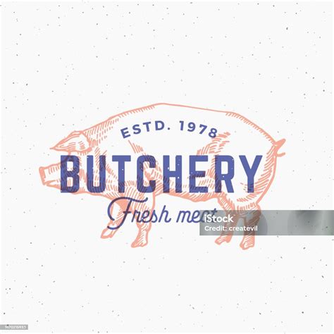 레트로 프린트 효과 도살 추상 벡터 기호 기호 레이블 템플릿입니다 타이포그래피가 있는 손으로 그린 돼지 실루엣 빈티지 엠블럼 또는 스탬프 돼지에 대한 스톡 벡터 아트 및