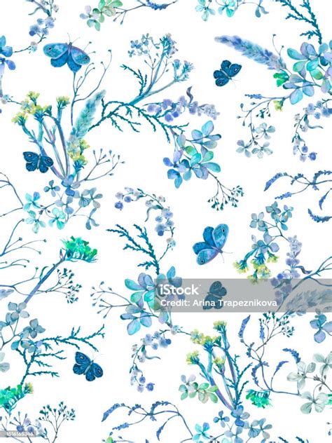 말린 꽃과 나비가 수채화로 그려진 꽃무늬 이음새가 없는 패턴 벽지 야생화와 허브가 있는 직물을 위한 수채화 인쇄 0명에 대한 스톡 벡터 아트 및 기타 이미지 Istock