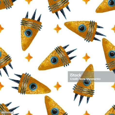 손으로 그린 공간 원활한 패턴입니다 공간 배경입니다 공간 낙서 Chuldish 그림입니다 만화 우주 로켓 행성 별 달 구름 태양계 Ufo와 끝없는 패턴 0명에 대한 스톡