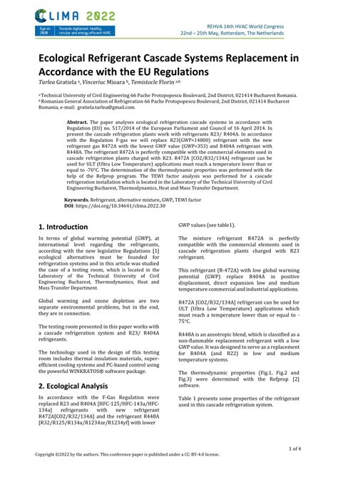 Pdf Ecological Refrigerant Cascade Systems Replacement In Accordance With The Eu Regulations