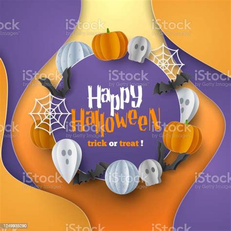 종이 컷 스타일의 구름과 호박행복 할로윈 배너 배경 하늘에 보름달 거미 줄 두개골 유령과 비행 박쥐 벡터 일러스트레이션 10월에 대한 스톡 벡터 아트 및 기타 이미지