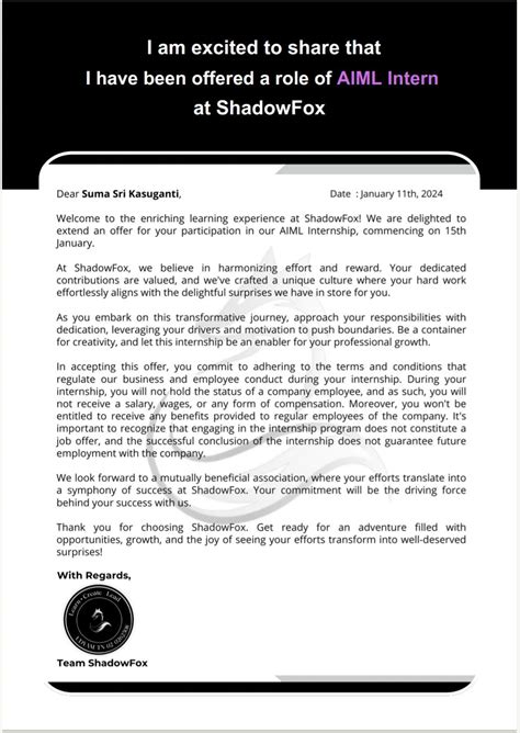 Suma Sri Kasuganti On Linkedin Internship Aiml Shadowfox