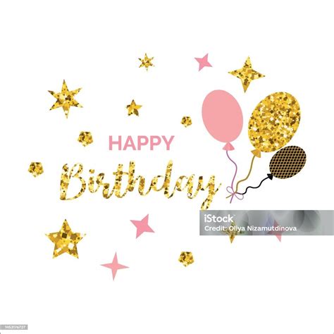 낙서 손으로 그린 풍선과 황금빛 반짝이가 있는 생일 축하 카드 벡터 그림 0명에 대한 스톡 벡터 아트 및 기타 이미지 0명 3차원 형태 금색 Istock