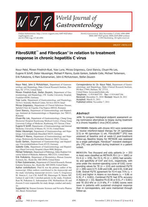Pdf Fibrosure™ And Fibroscan® In Relation To Treatment Response In Chronic Hepatitis C Virus