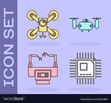 Set Processor With Microcircuits Cpu Drone Flying Vector Image