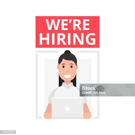 우리는 포스터 또는 배너 디자인을 고용하고 있습니다 채용 공고 광고 개념입니다 여성 사용자 아이콘 개념에 대한 스톡 벡터 아트