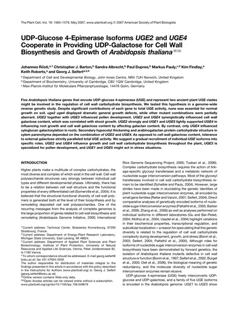 Pdf Udp Glucose 4 Epimerase Isoforms Uge2 And Uge4 Cooperate In Providing Udp Galactose For