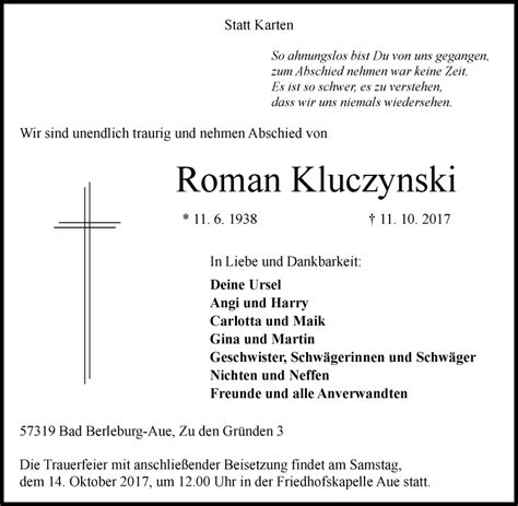 Traueranzeigen Von Roman Kluczynski Trauer In Nrwde