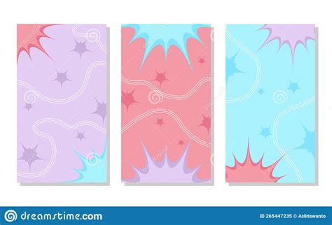 Set Of Red Soft Purple And Pastel Blue Abstract Portrait Background With Sun And Wavy Lines