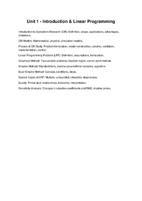 Unit 1 Introduction And Linear Programming Unit 1 Introduction