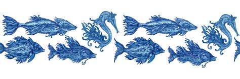 판타지 수중 푸른 물고기와 해마의 수채화 원활한 배너는 초대장 패턴 직물 월페이퍼 스티커를 제공합니다 흰색 배경에 분리된 요소 물고기에 대한 스톡 벡터 아트 및 기타 이미지